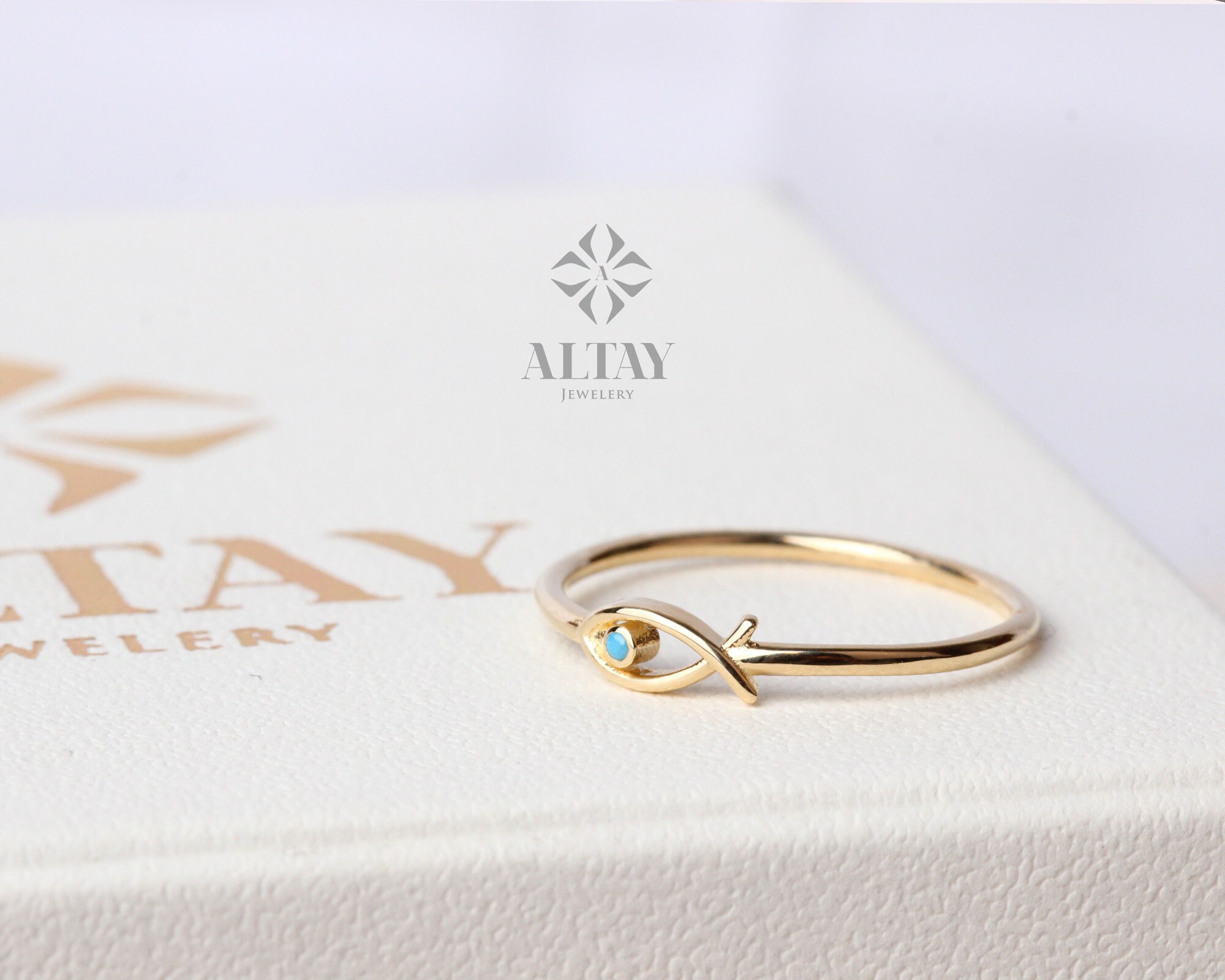 14K Gold Fish Ring Ichthus Fish Minimal Ring Turquoise - Etsy