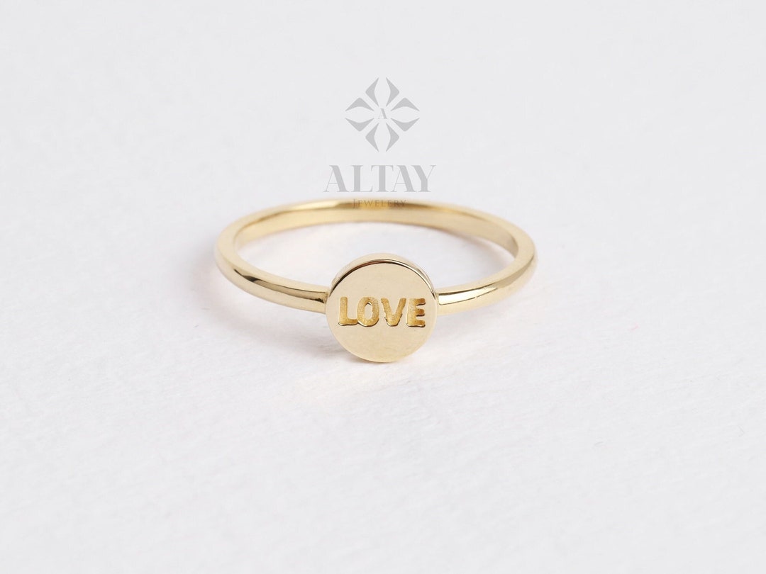 14K Gold Love Ring, Love Word Signet Ring, Stackable Round Love Ring ...