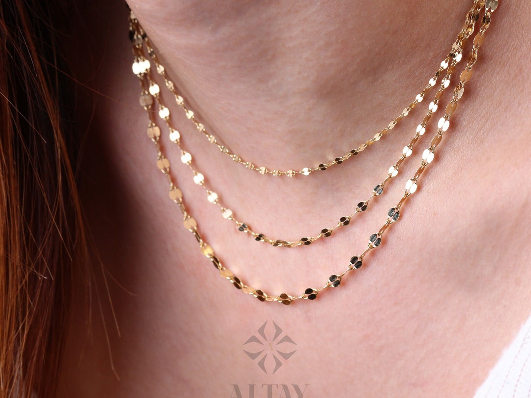 14K Gold Sparkle Chain Necklace, Glitter Chain Necklace, Flat Gold Link ...