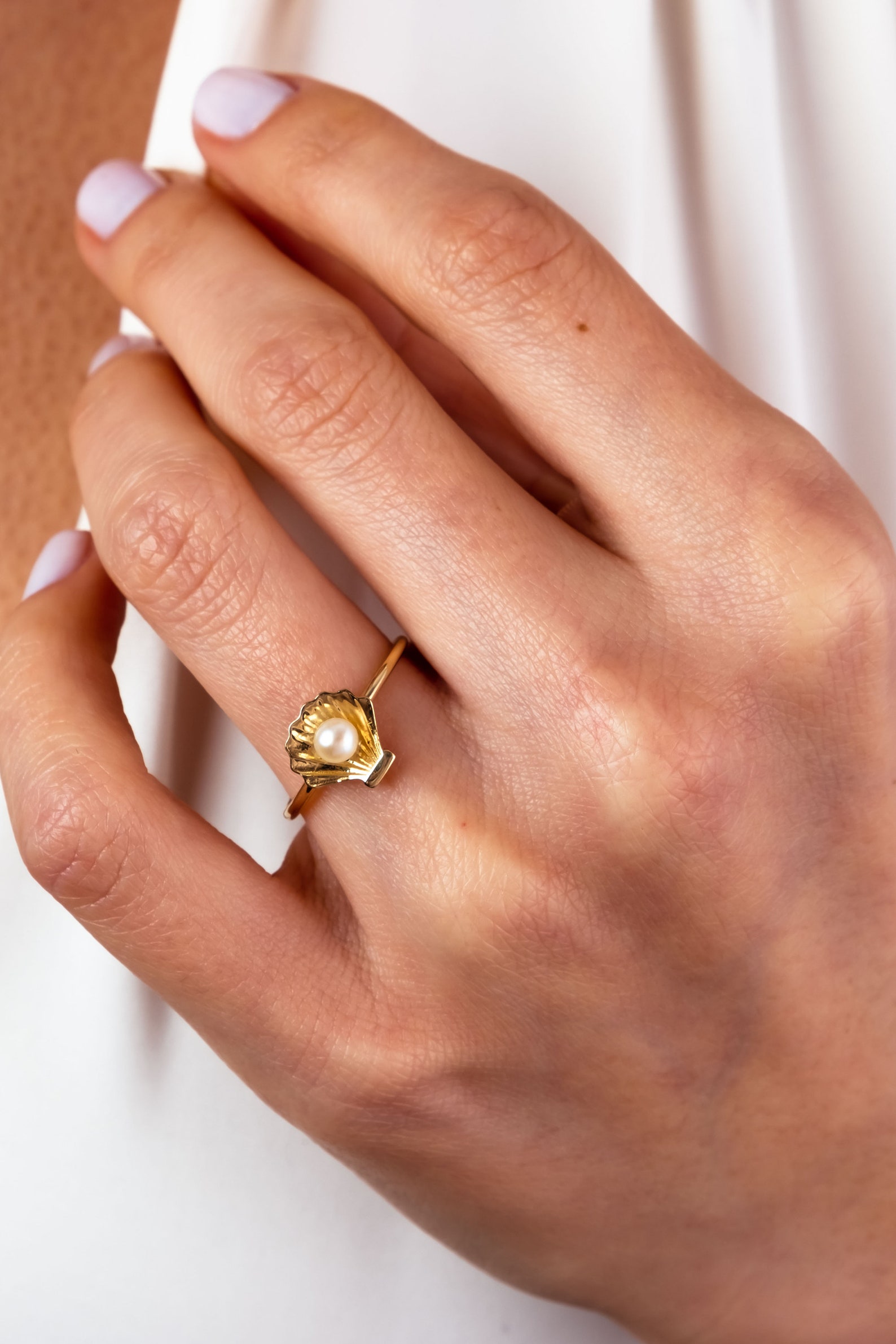 14K Gold Seashell Pearl Ring Gold Shell Ring Dainty Gold - Etsy