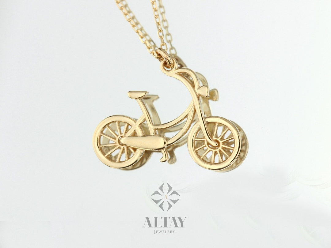 14K Solid Gold Bike Pendant, Cute Bicycle Necklace, Sports Jewelry ...