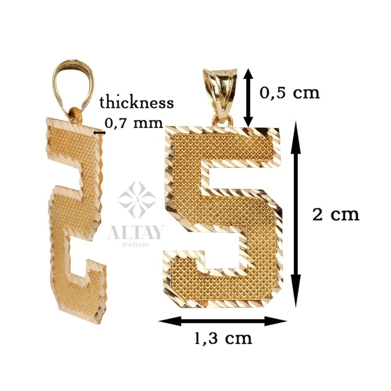 14K Solid Gold Number Pendant 0-9 Diamond Cut Necklace Charm, 1mm 2mm ...