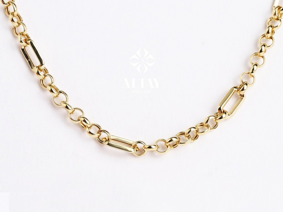 14K Gold Rectangle Long Chain Necklace, Paperclip Italian Rolo Chain ...
