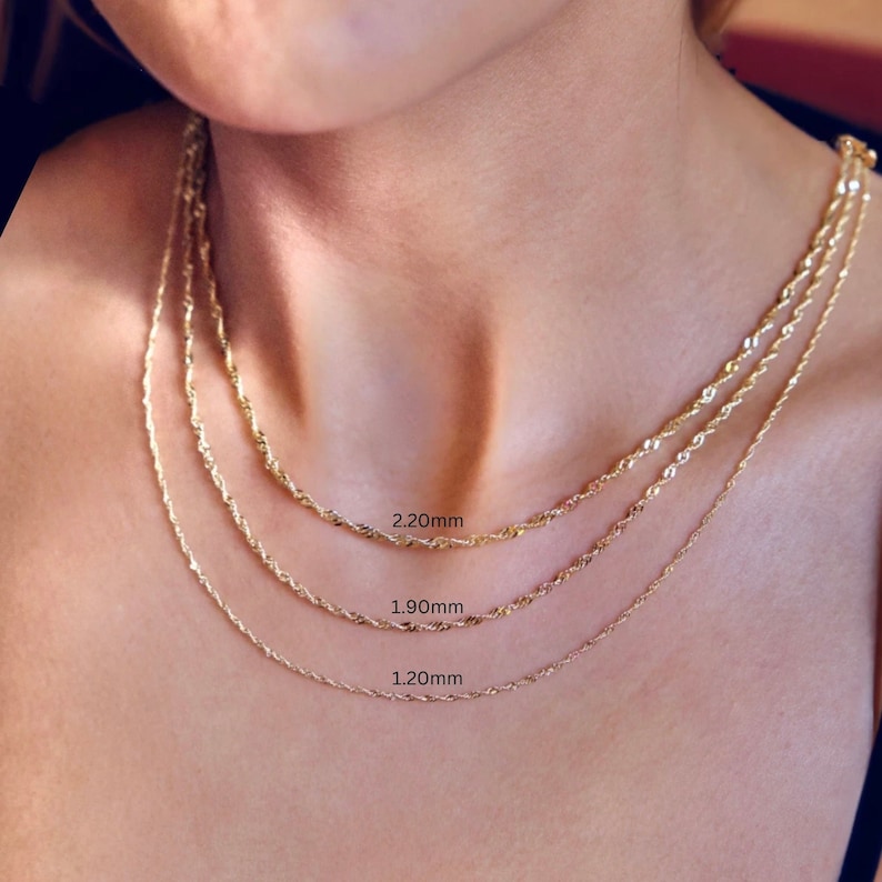 14K Gold Singapore Chain Necklace, 1mm 2mm 3mm Singapore Twist Chain ...