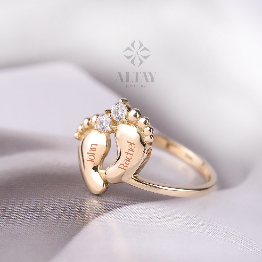 14K Gold Baby Feet Ring, Personalized Baby Feet Name Band, Birthstone ...