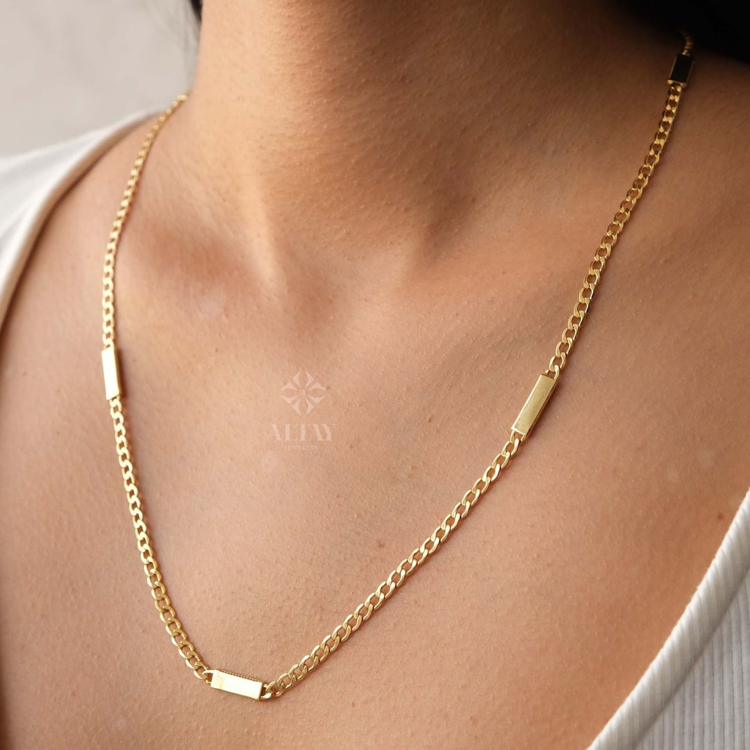 14K Gold Cuban Link Necklace, Dainty Bar Necklace, Curb Chunky Engraved ...