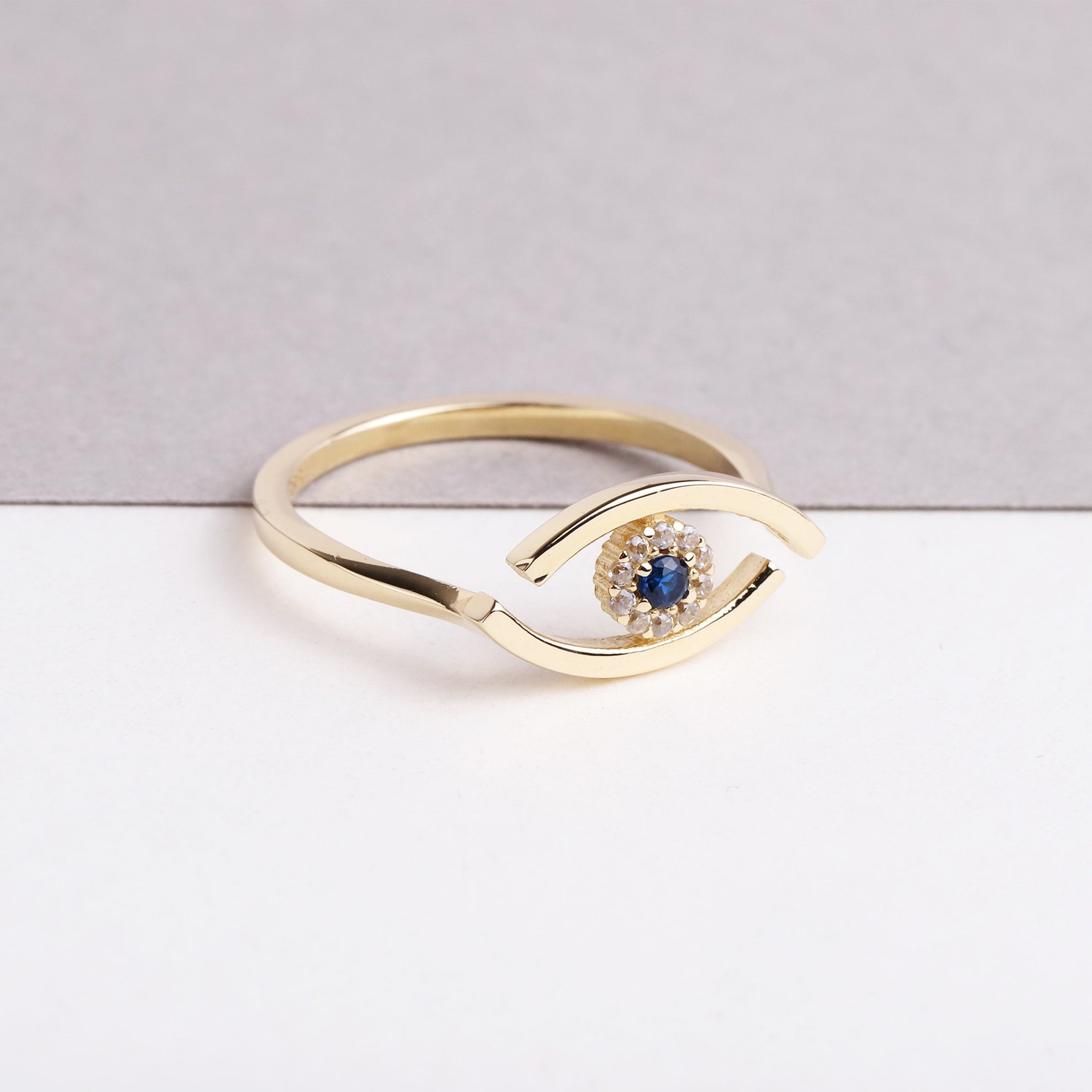 14K Gold Evil Eye Ring, Tiny Evil Eye Band Ring, Hamsa Pointer Ring ...