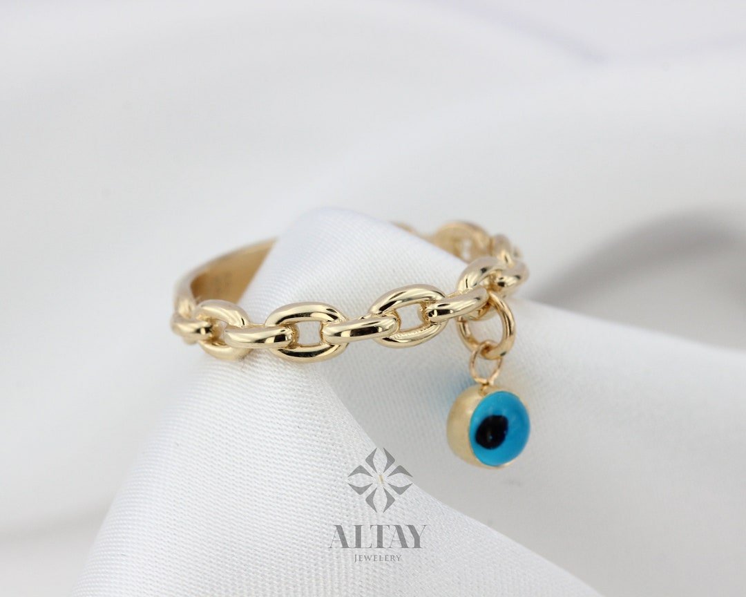 14K Gold Evil Eye Link Ring, Evil Eye Charm Ring, Good Luck Symbol ...