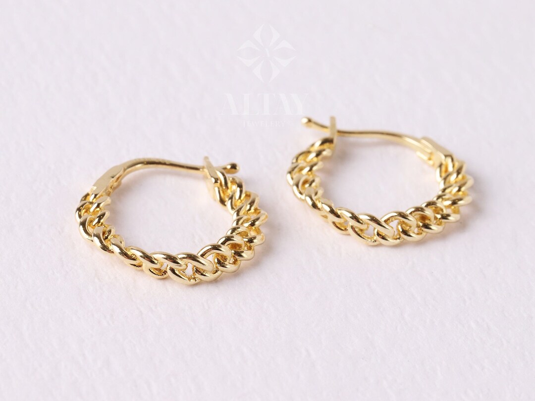 14K Gold Curb Link Hoops, Cuban Chain Hoop Earrings, Gold Link Hoops ...