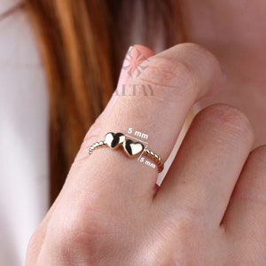 14K Solid Gold Heart Ring, Double Heart Dainty Ring, Promise Ring ...