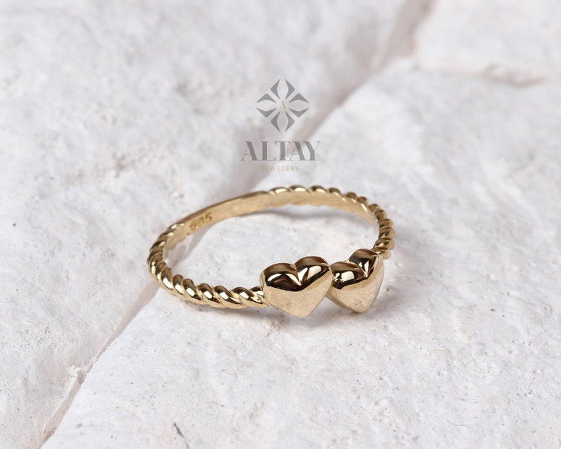 14K Solid Gold Heart Ring, Double Heart Dainty Ring, Promise Ring ...