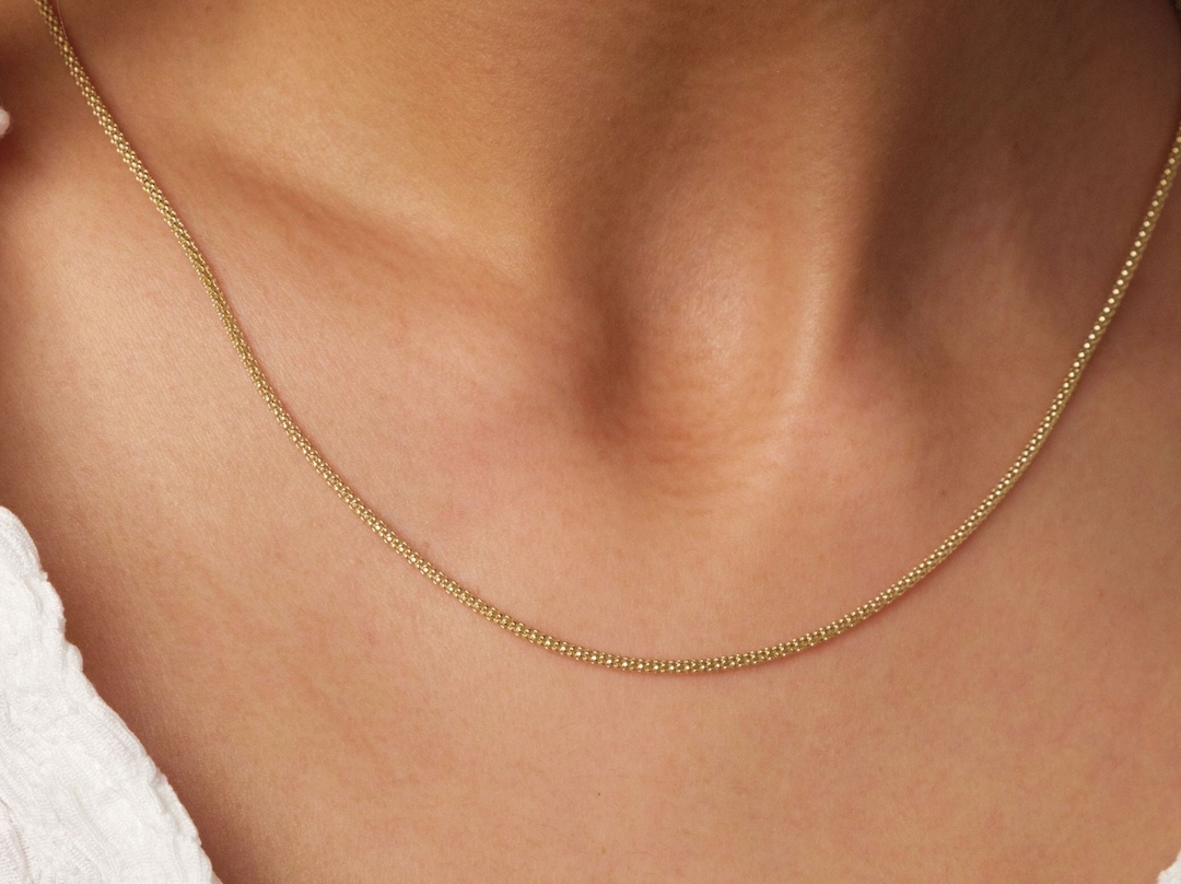 14K Gold Popcorn Necklace, 2mm Curb Choker Chain, Gold Herringbone ...