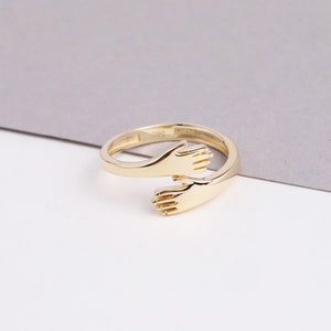 14K Gold Hug Ring, Engraved Love Hugging Hands Ring, Dainty Hug Gold ...