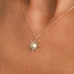14K Gold Sun Necklace, Sunburst Celestial Pendant, Sun Charm Choker ...
