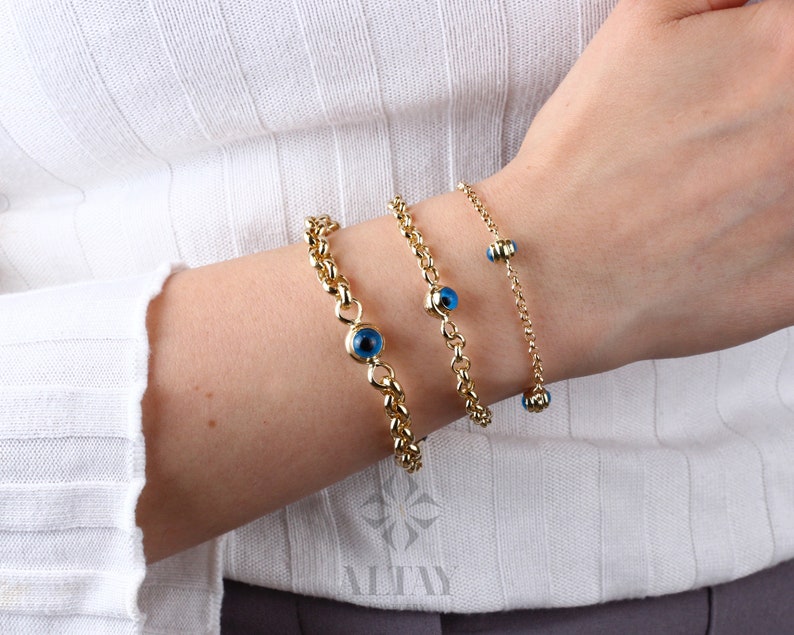 14K Gold Evil Eye Bracelet Gold Rolo Chain Bracelet Evil Eye - Etsy