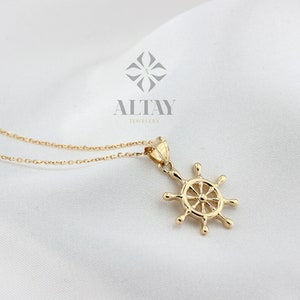 14K Gold Ship Wheel Necklace, Rudder Pendant, Nautical Charm, Boat Prow ...