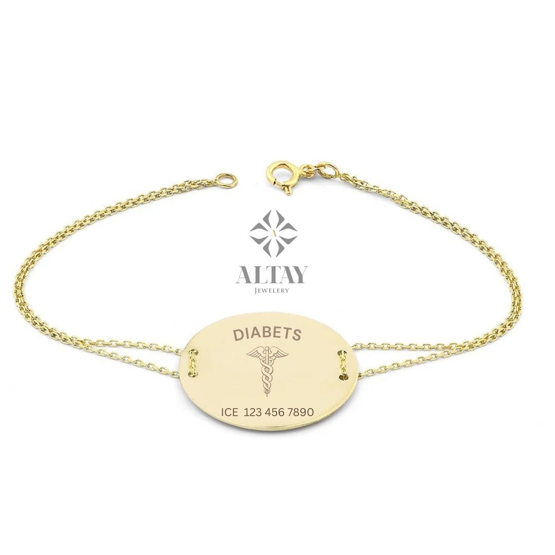 14K Gold Medical Alert ID Bracelet, Personalized Engraved Emergency ...