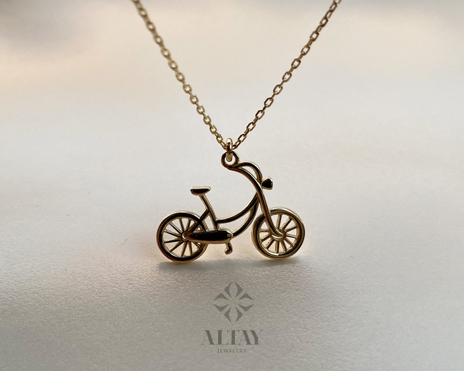 14K Solid Gold Bike Pendant, Cute Bicycle Necklace, Sports Jewelry ...