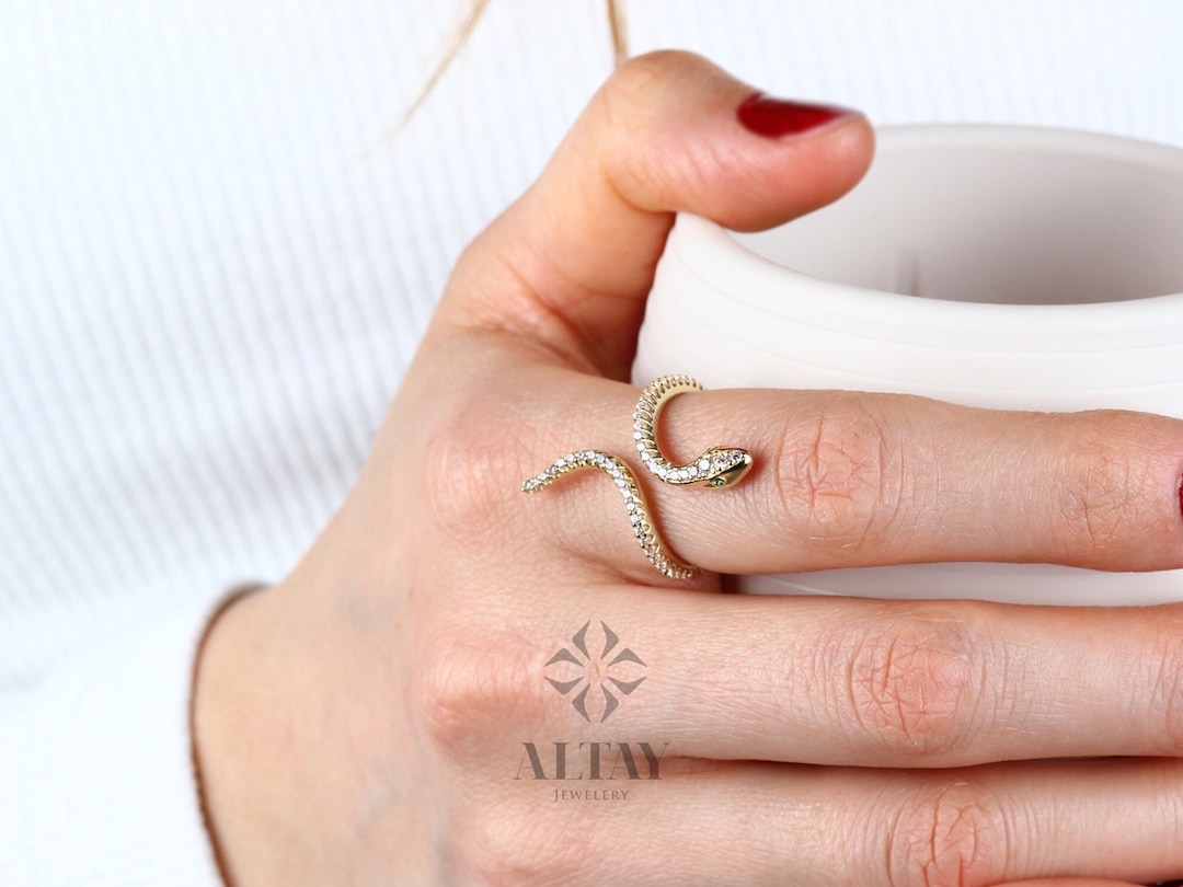 14K Gold Snake Ring, Snake Band, Cz Diamond Open Serpent Jewelry ...