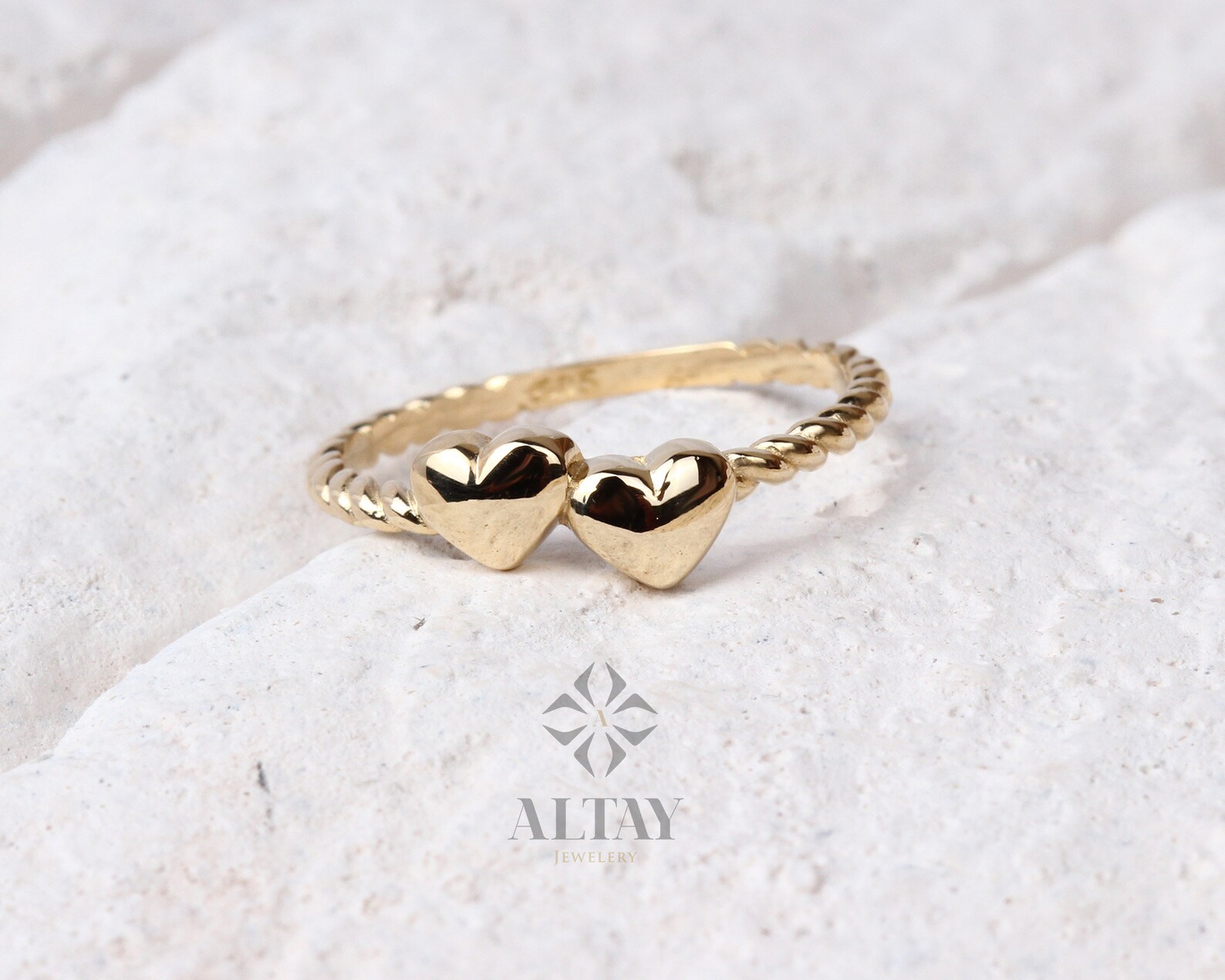 14K Solid Gold Heart Ring, Double Heart Dainty Ring, Promise Ring ...