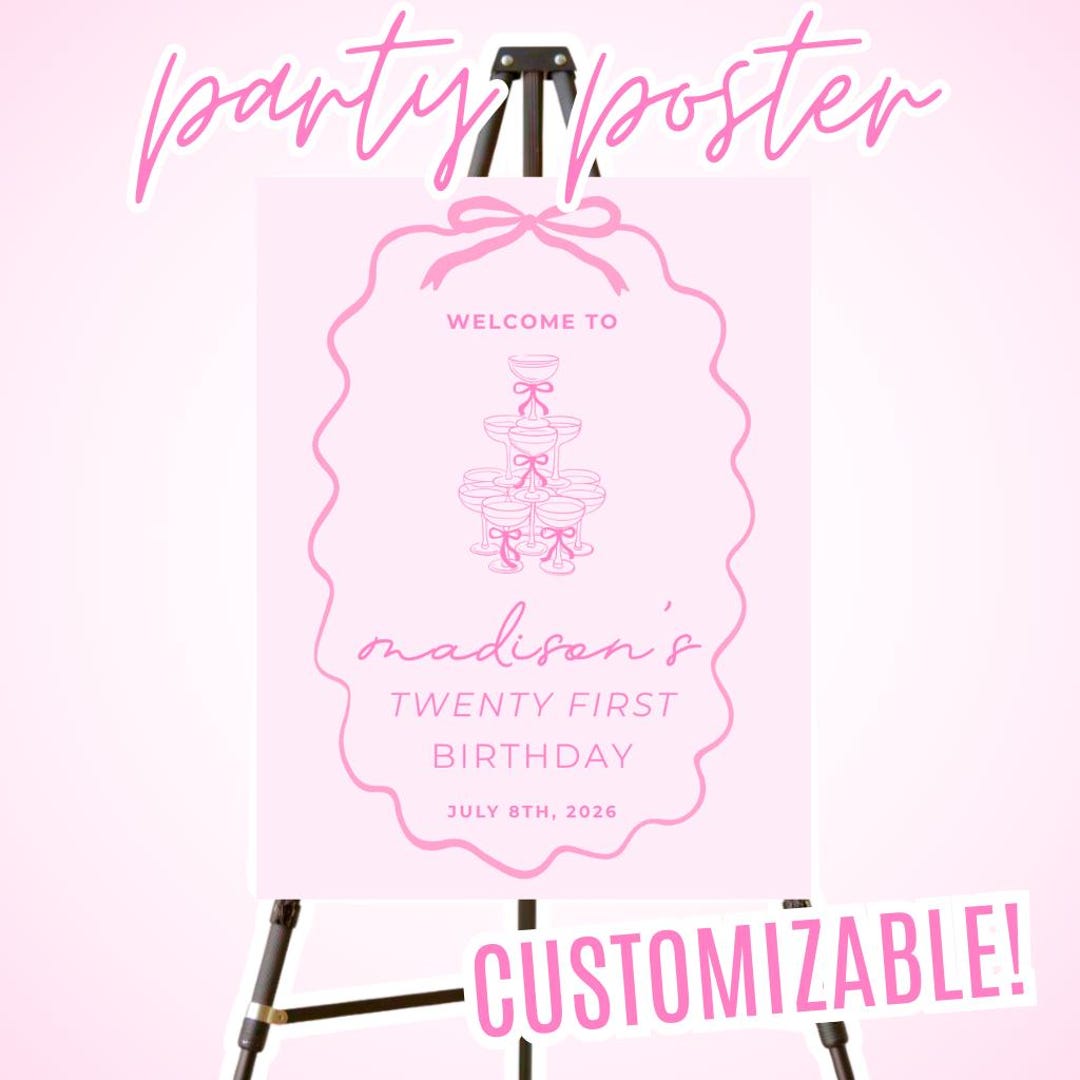 Coquette Pink Birthday Welcome Sign | Champagne & Cake Poster Template ...