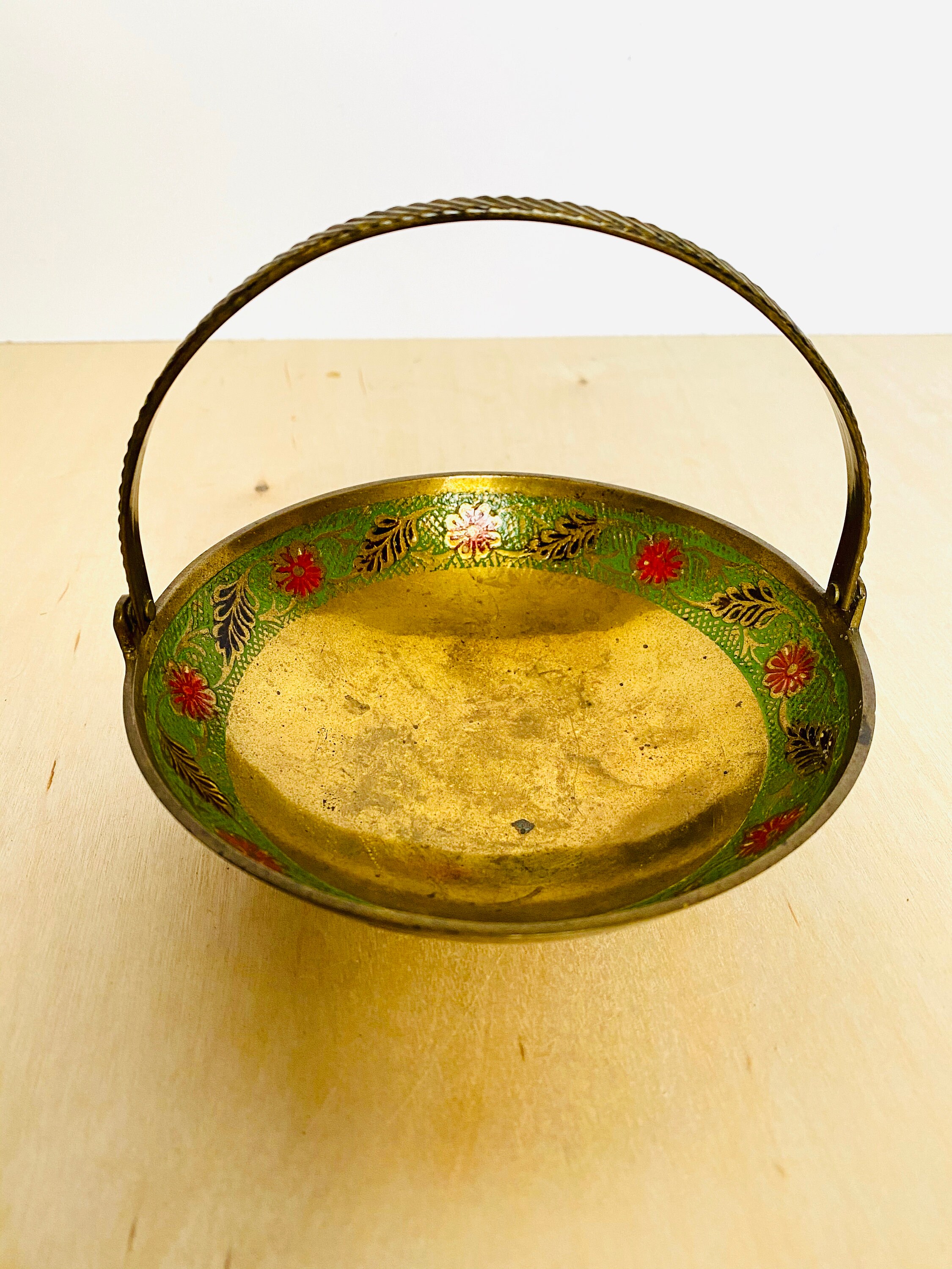 Vintage Indian Brass Basket Dish with Floral Details