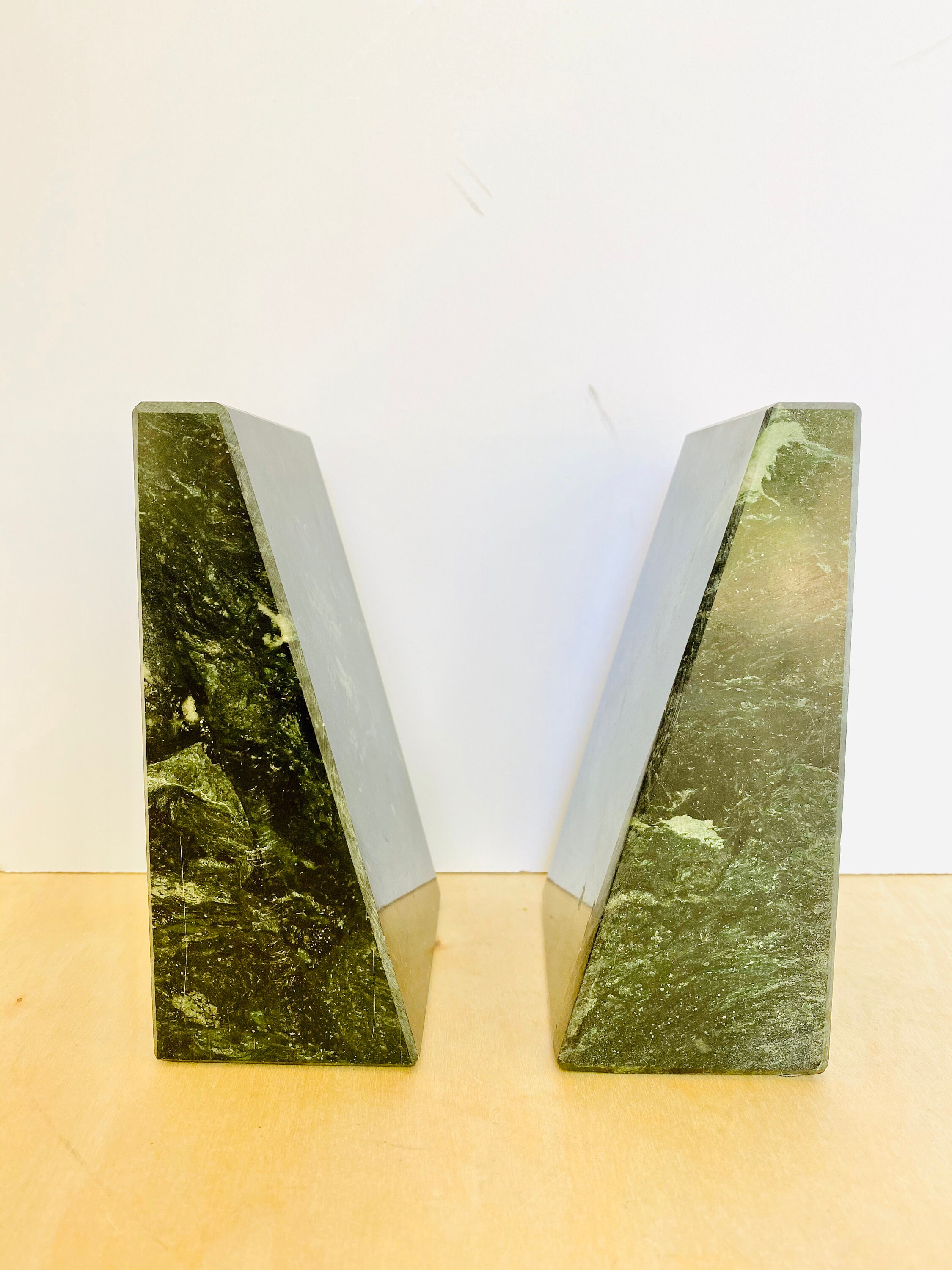 Pair of Vintage Modern Style Green Marble Geometric Bookends