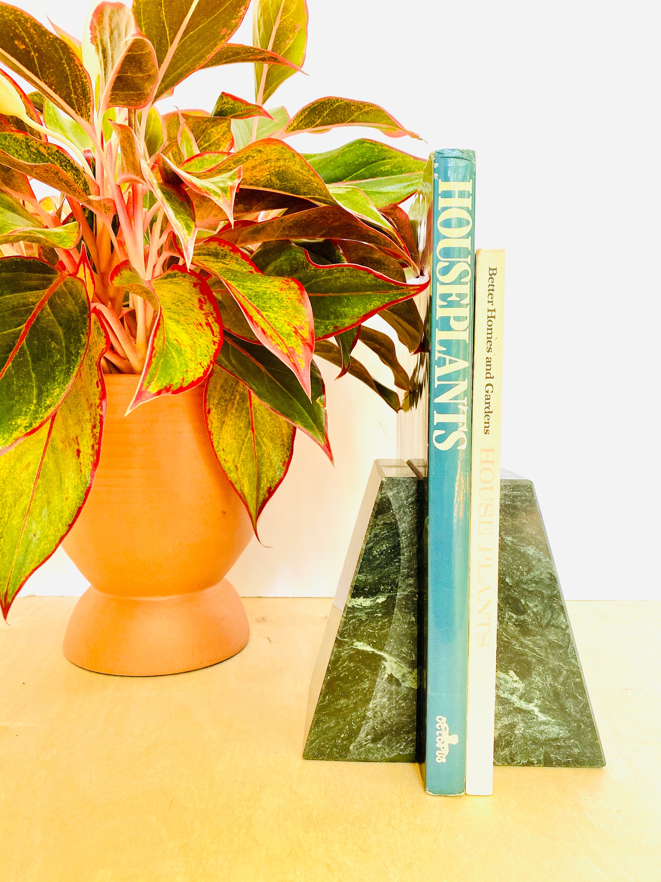 Pair of Vintage Modern Style Green Marble Geometric Bookends