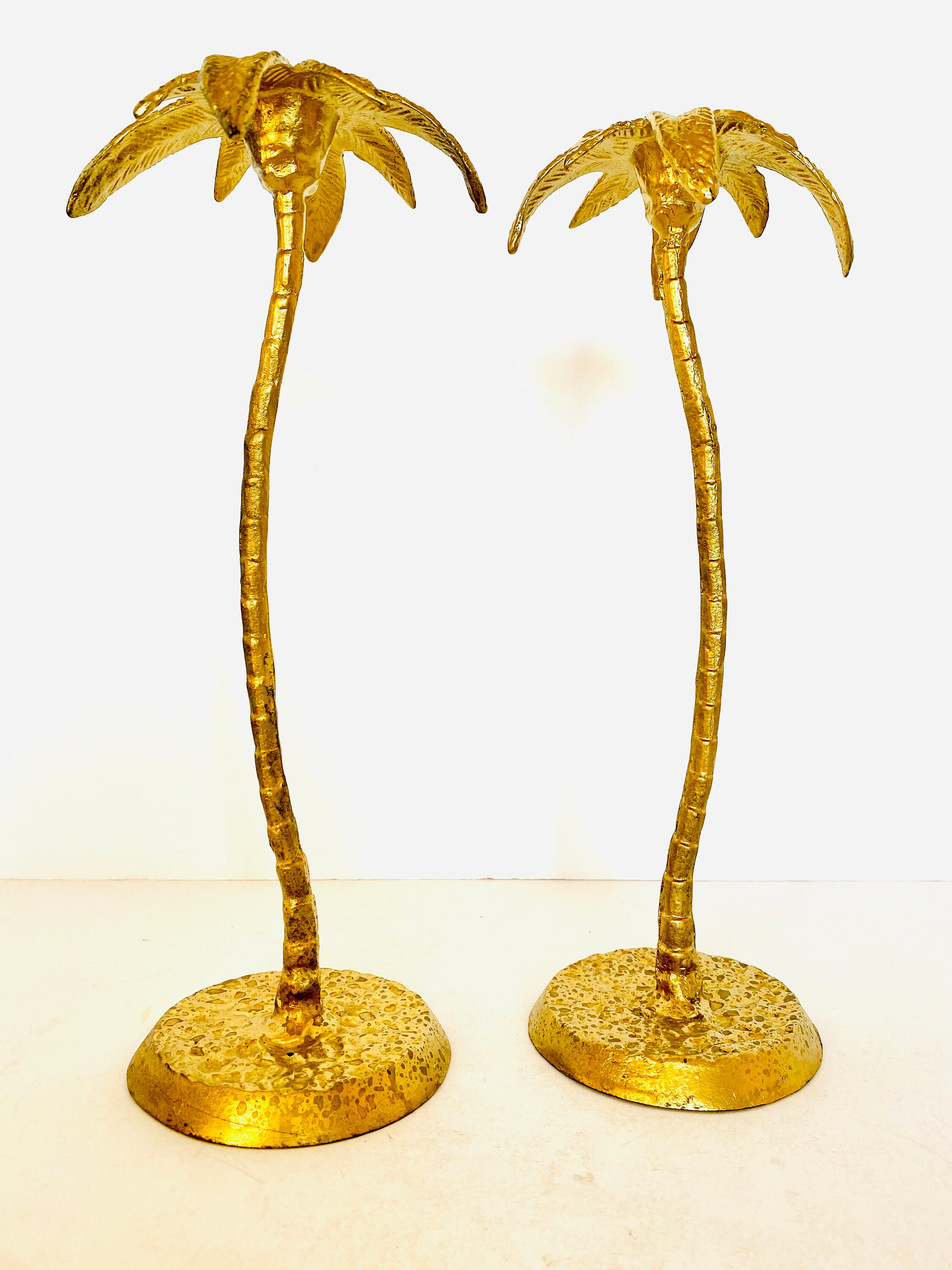 Pair Vintage Mid-Century Gold Palm Tree Candle Holders