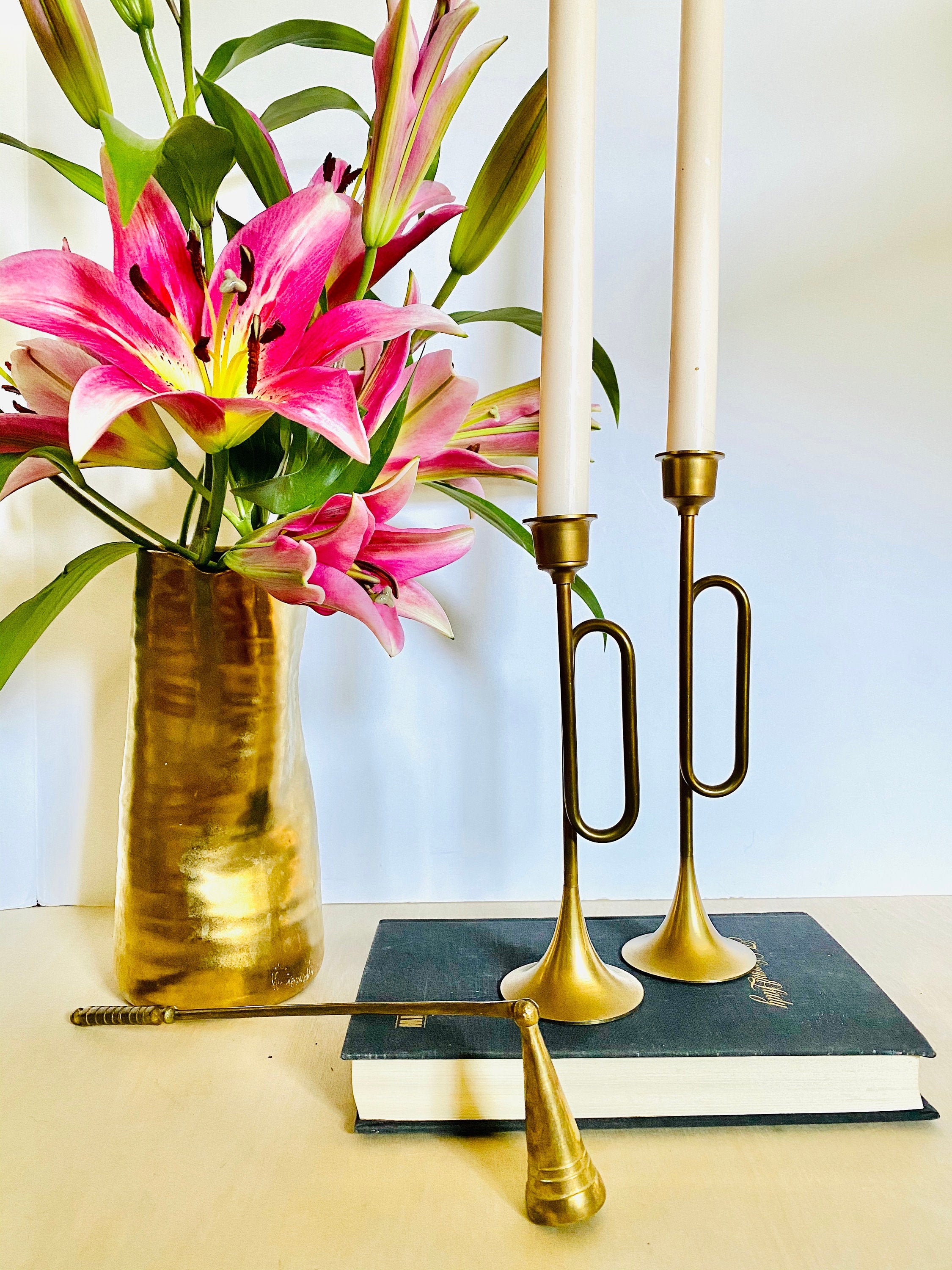 Pair of Mid-Century Brass Trumpet Horn Candlestick Candle Holders