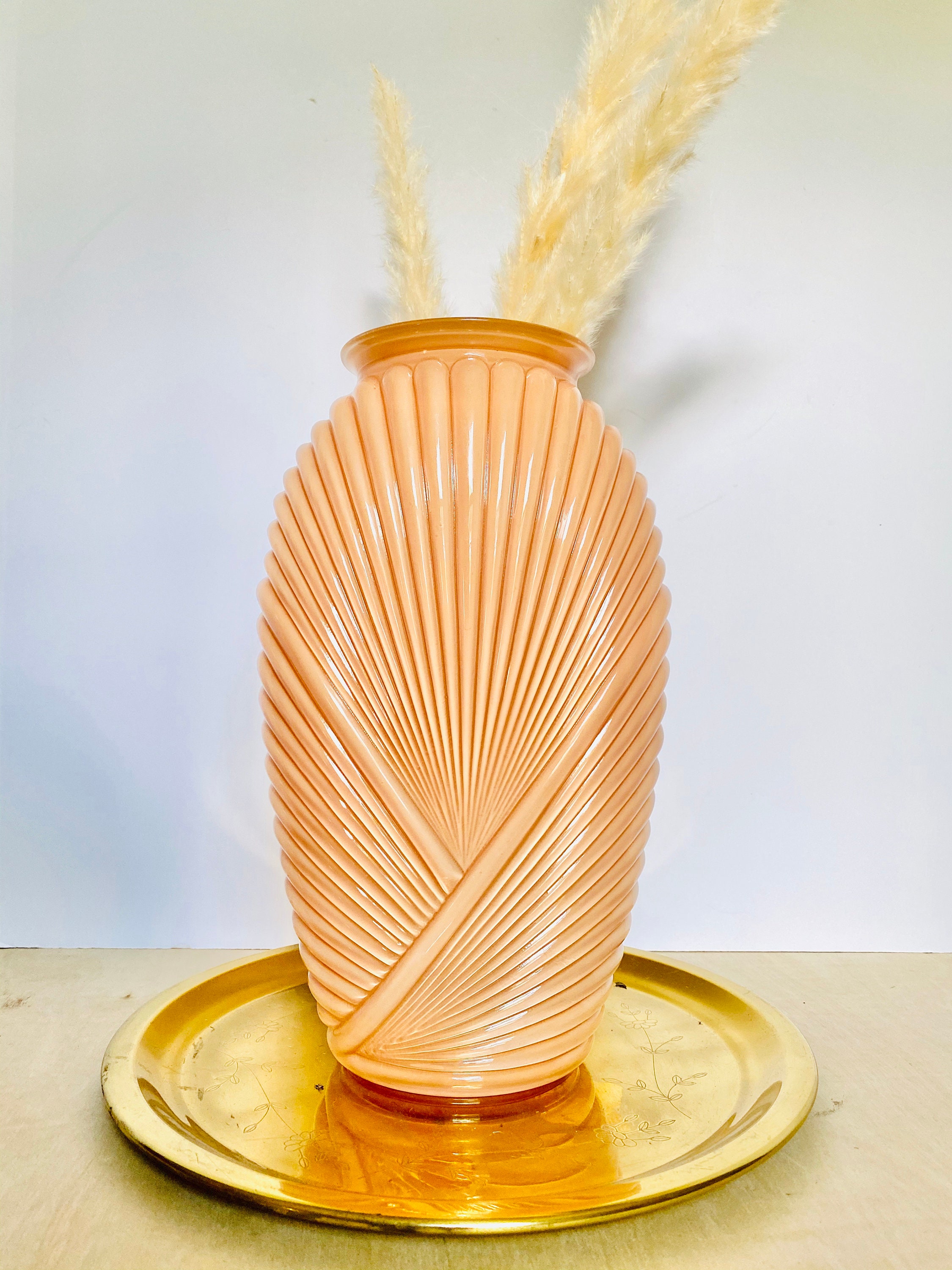 Vintage Peach/Coral Art Deco Belgium Pleated Glass Vase