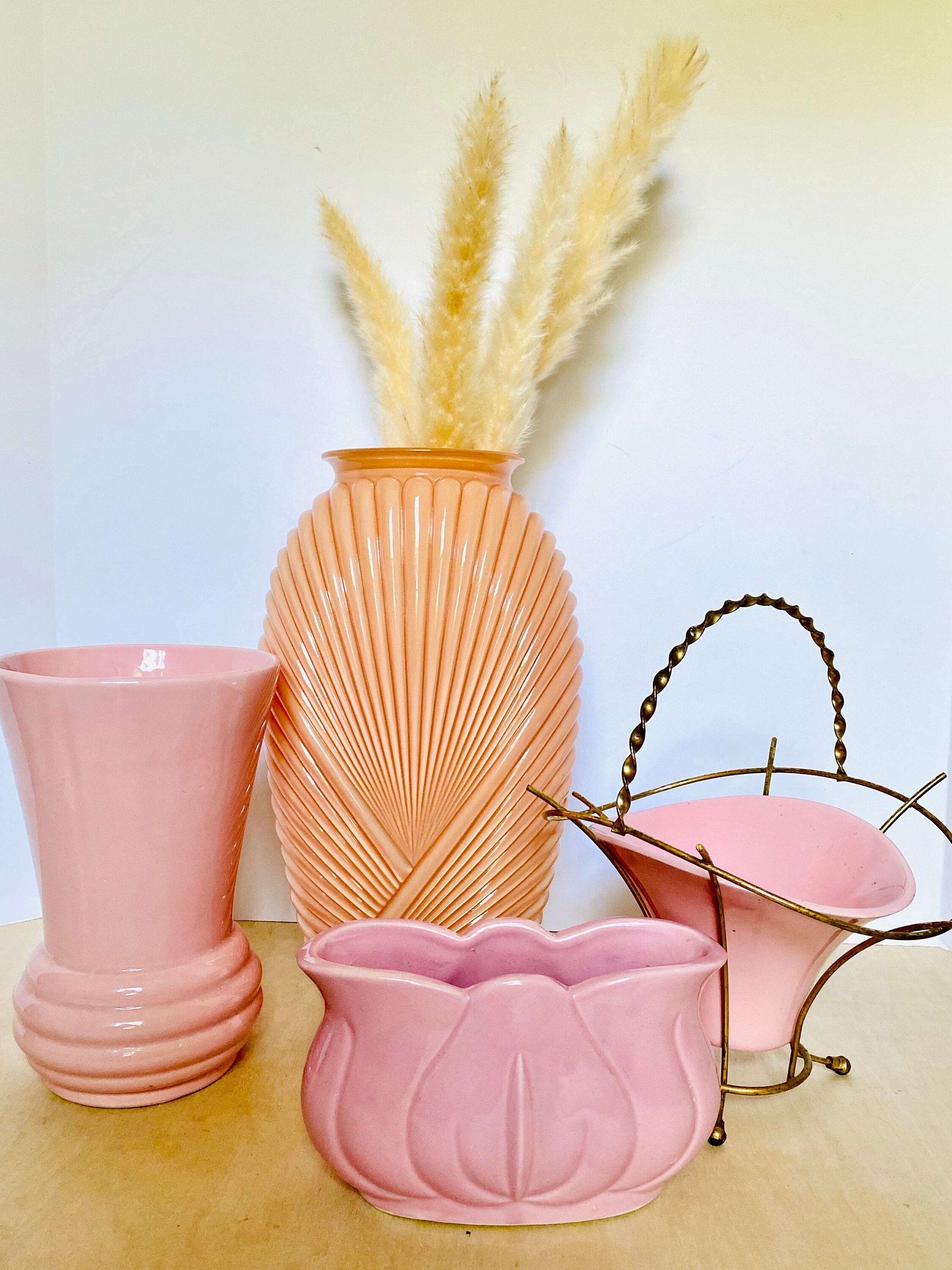 Vintage Mid-Century Pastel Pink Ribbed McCoy Pottery Vase/Planter