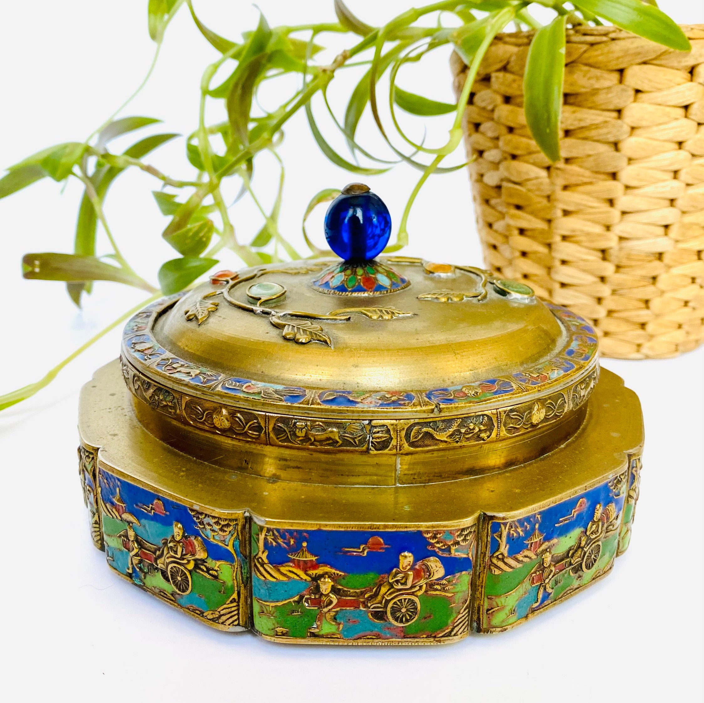 Antique Chinese Cloisonné Lidded Brass Box with Inlaid Gemstones