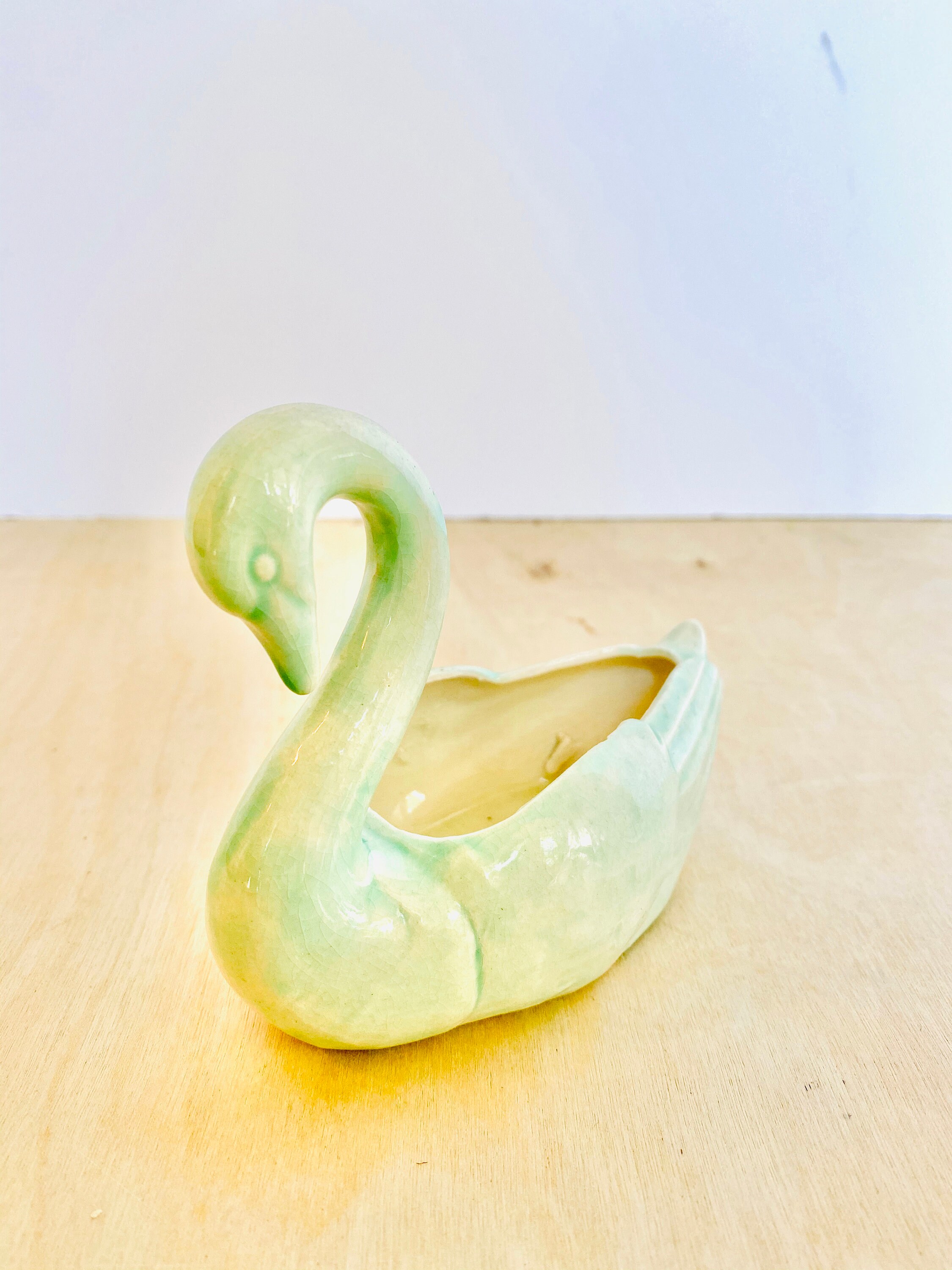 Vintage Handmade Ceramic Pastel Blue-Green Swan Planter Cachepot Vase