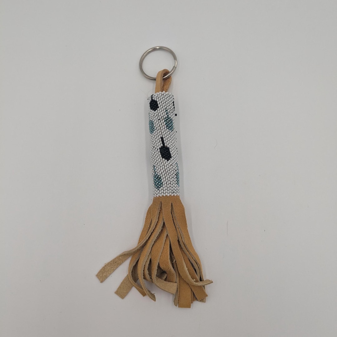 Peyote Stitch Beaded Leather Keychain With Simple Feather Design ...
