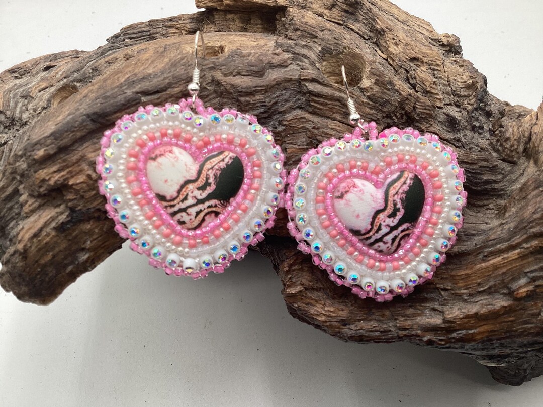 Hand Beaded Earrings: White and Pink Heart, Ojibwe Anishinaabe Design ...