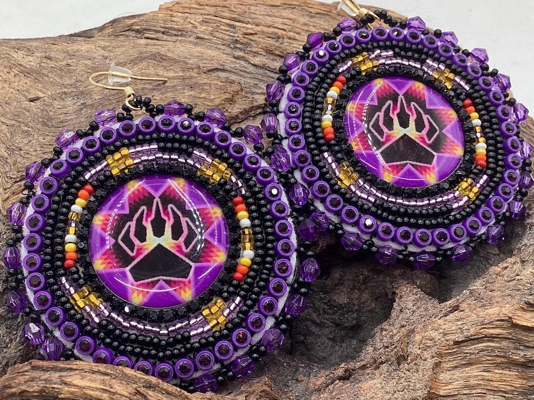 Anishinaabe Hand Beaded Earrings - Purple Bear Claw Design - Etsy