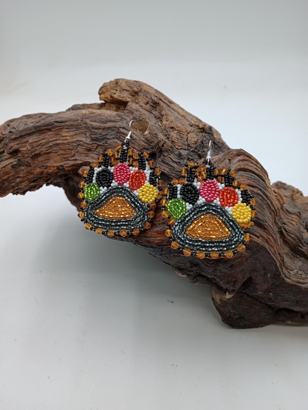Hand Beaded Bear Paw Earrings - Authentic Anishinaabe/ojibwe Beadwork ...