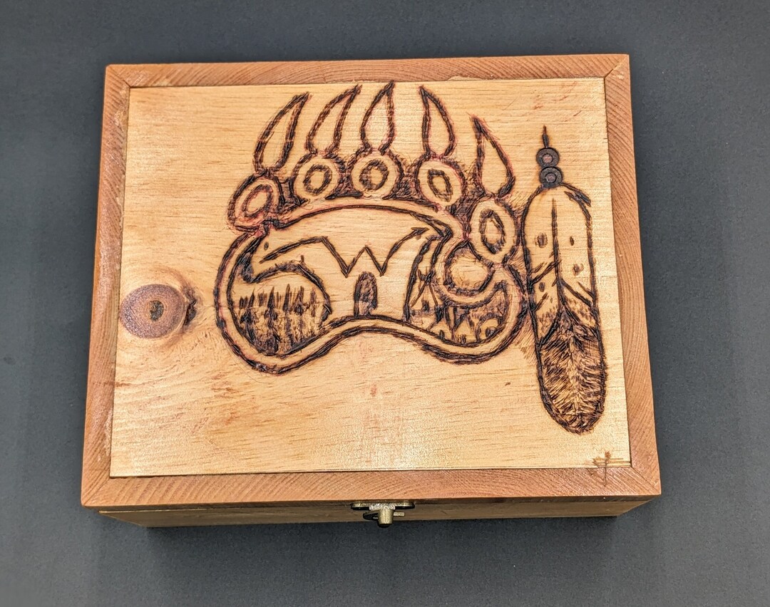 Handcrafted Wooden Box With Wood Burned Lid Anishinaabe Ojibwe Made ...