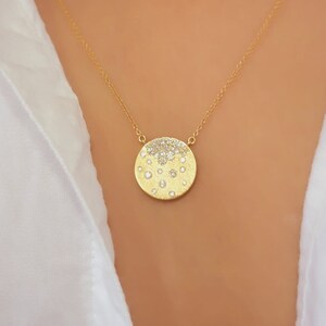 Diamond Circle Disc Necklace in 14k Solid Gold, Round Shaped Multi Stone Anniversary Pendant ...