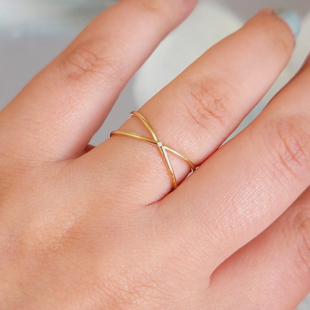 14k Gold Crossed Ring, Cross 14K Solid Gold Ring, Minimalist Crossover ...