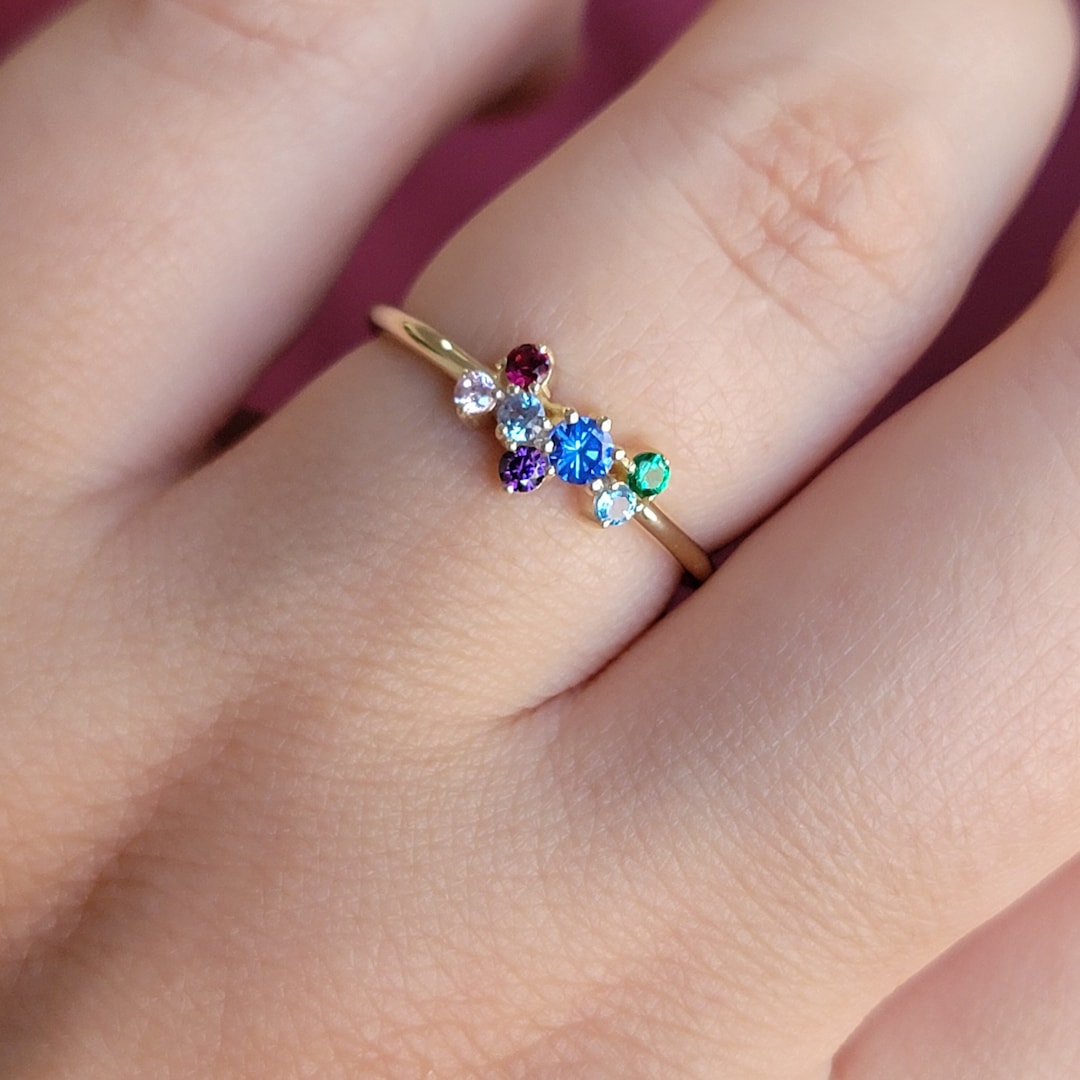 14k Gold Cluster Gemstone Ring, Multi Gemstone Ring, Birthstone Jewelry ...