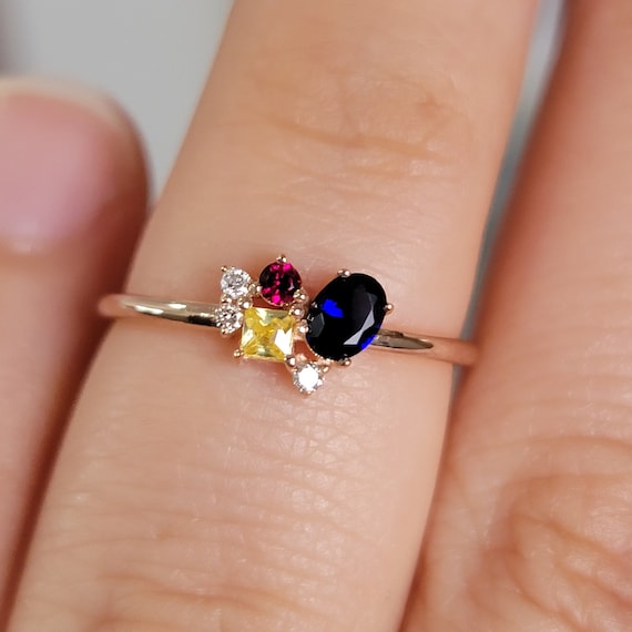 14k Gold Cluster Ring Diamond and Gemstone Ring Birthstone Ring Dainty Personalized Birthstone Ring Personalized Gift Etsy