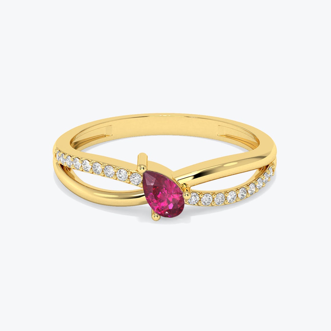 Ruby Ring, 14k Gold Pear Shape Natural Ruby With Round Shape Diamond ...