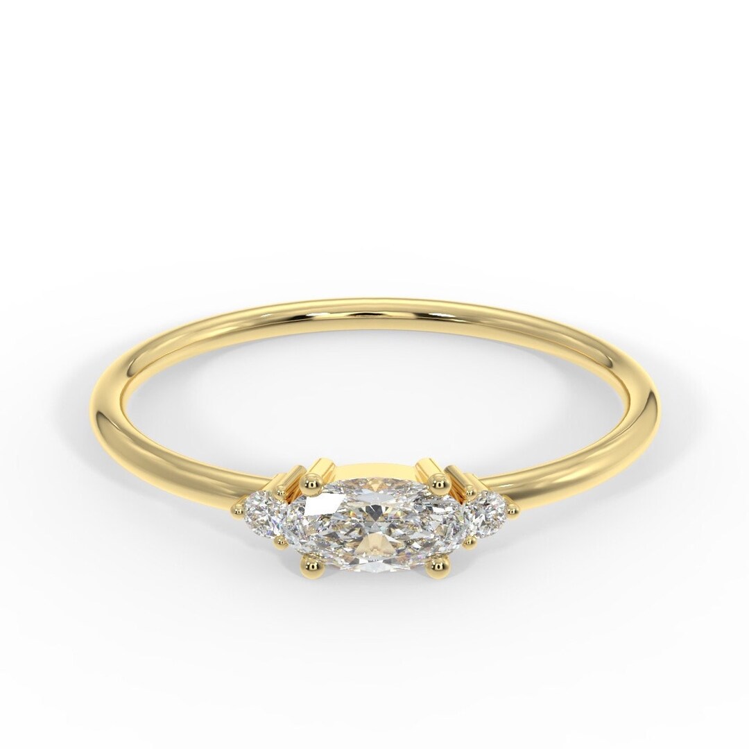 Diamond Ring, 14k Gold Oval Diamond Petit Engagement Ring, Three Stone ...