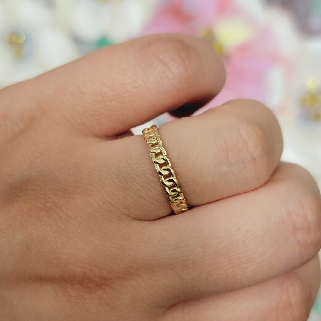 14K Gold Cuban Chain Ring, Solid Gold Cuban Curb Link Stacking Band ...