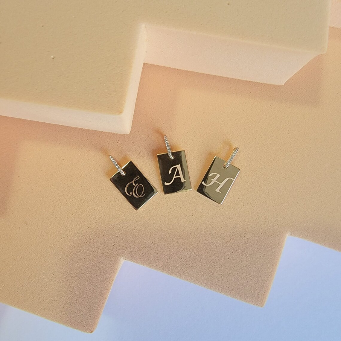 Solid Gold Dog Tag Charm, Diamond Initial Necklace, Engraved Pendant ...