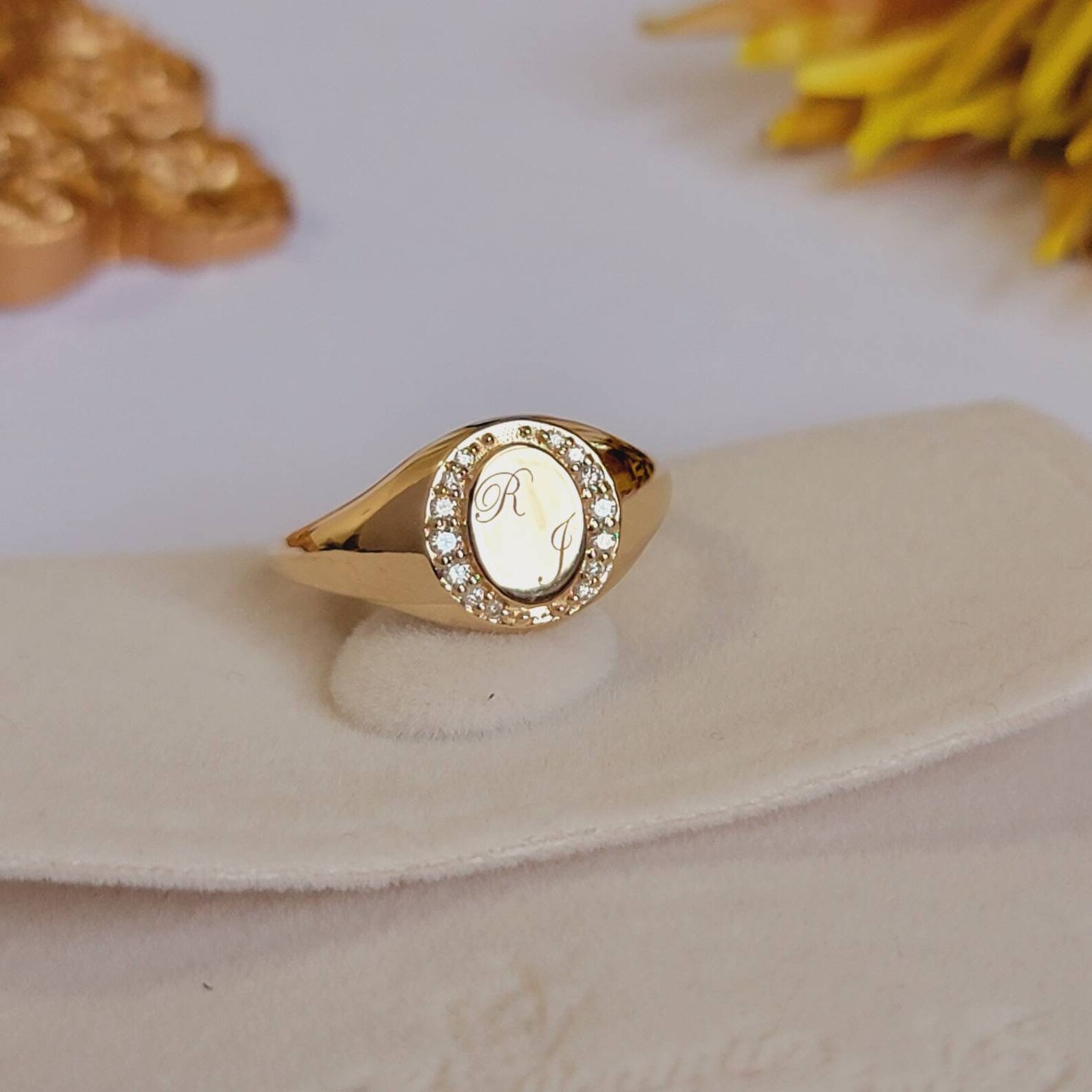 Initial Ring, Personalized Gold Ring, Letter Ring, Diamond Signet Ring ...