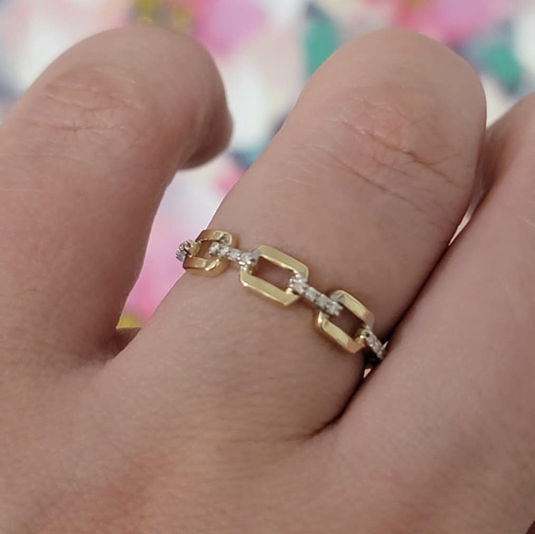 Diamond Chain Link Ring, Diamond Pavé Cuban Curb Link Ring, Gold Linked ...