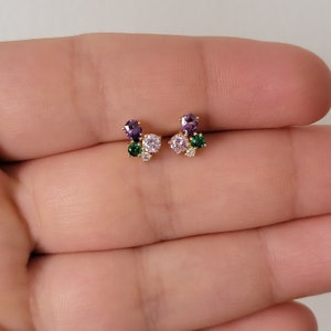 Gemstone Cluster Stud Earrings, Multi-gemstone Color Earrings, 14K Solid Yellow Gold Birthstone ...